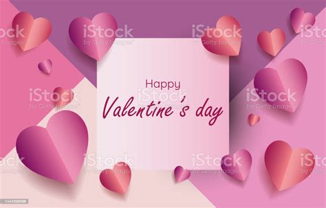 분홍색과 달콤한 배경의 인사말이 있는 사각형 프레임이 있는 하트 모양의 종이 컷 요소 해피 발렌타인 데이 인사말 카드 디자인에 대한 사랑의 벡터 상징 0명에 대한 스톡 벡터