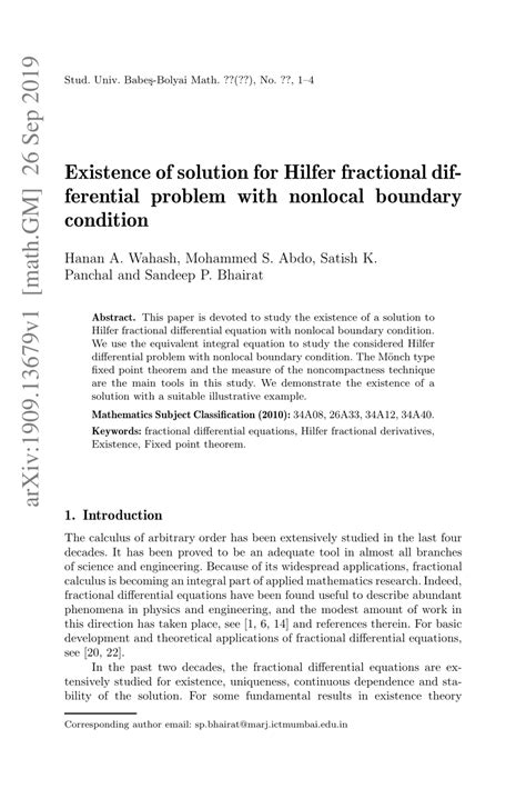 Pdf Existence Of Solution For Hilfer Fractional Differential Problem