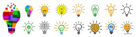 선형 빛나는 전구 낙서 스타일의 아이콘 설정 아이디어 기호 컬렉션 프로세스의 크리에이티브 혁신 문제의 얽히지 않은 창의성 간단한 비즈니스 개념을 유지합니다 개념에 대한 스톡
