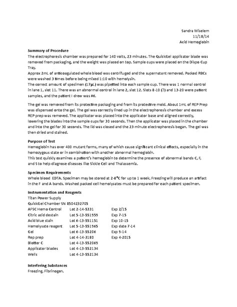 Acid Hemoglobin Lab Sandra Miselem 1118 Acid Hemoglobin Summary Of