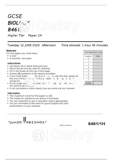 aqa gcse biology paper 1 higher tier [8461 1h] june 2020 gcse
