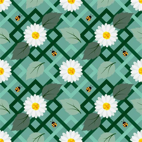 White Flowers Seamless Repeat Pattern With Ladybug On Geometric Pastel