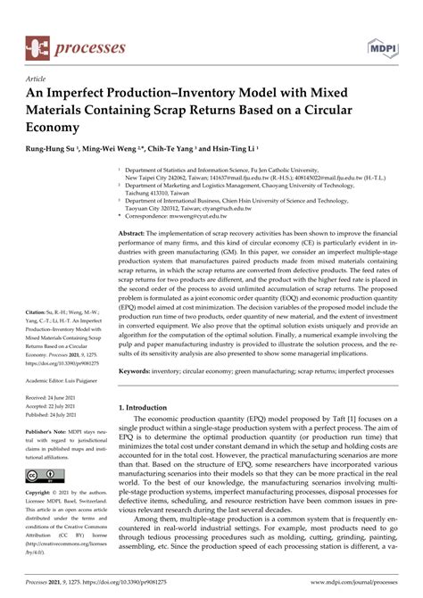 Pdf An Imperfect Production Inventory Model With Mixed Materials Containing Scrap Returns
