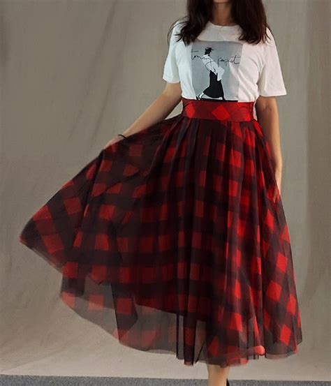 Red Plaid Tutu Skirt Outfit Red Plaid Long Tulle Skirt High Waisted Plaid Skirt Tutu Wedding