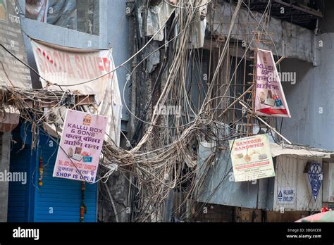 Messy Chaotic Wires And Cables On House Wall Mumbai India Telephone Line Internet Fiber