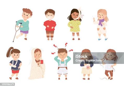 독감 두통 및 복통으로 고통받는 몸이 좋지 않은 아픈 어린 소년과 소녀 벡터 일러스트 레이 션 세트 감각 지각에 대한 스톡 벡터 아트 및 기타 이미지 Istock