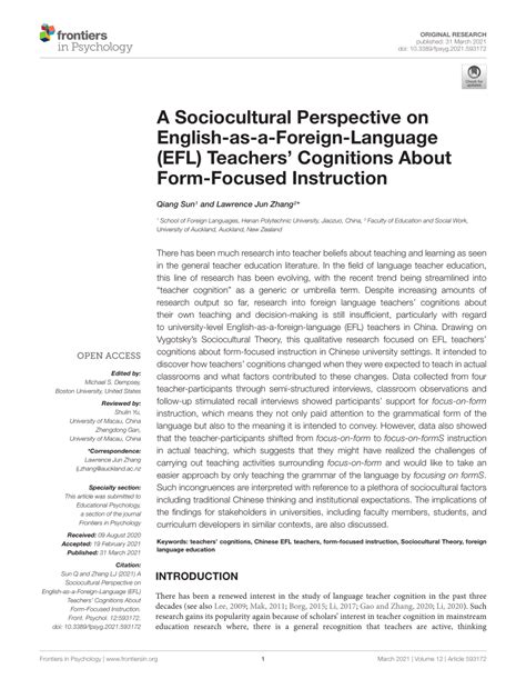Pdf A Sociocultural Perspective On English As A Foreign Language Efl Teachers Cognitions