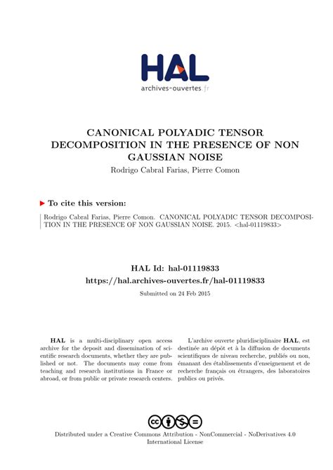 PDF CANONICAL POLYADIC TENSOR DECOMPOSITION IN THE PRESENCE OF NON GAUSSIAN NOISE