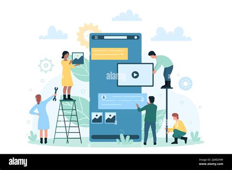 mobile app development creative content creation with tiny people cartoon developers making