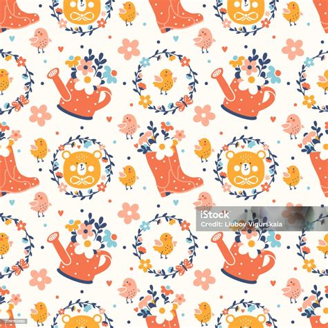밝은 봄 벡터 완벽 한 패턴 정원 부츠 급수 냄비 꽃다발 재미 있는 곰과 작은 새 코티지 여름 또는 봄 배경 손으로 그린 마을 또는 정원 직물 0명에 대한 스톡 벡터 아트
