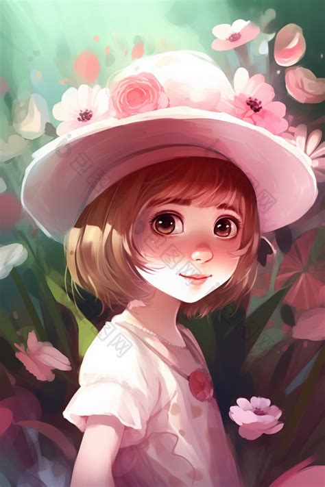 粉白花朵女孩插画图片 包图网