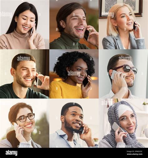 People Talking On Cellphones Enjoying Phone Conversation On Different