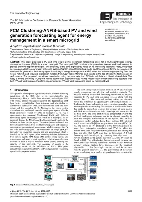 Pdf Fcm Clustering Anfis Based Pv And Wind Generation Forecasting Agent For Energy Management