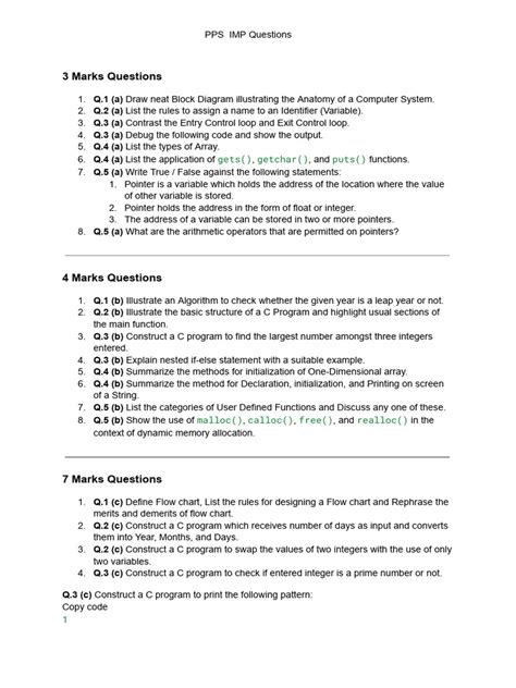 Pps Imp Questions Pdf Pointer Computer Programming C Programming Language