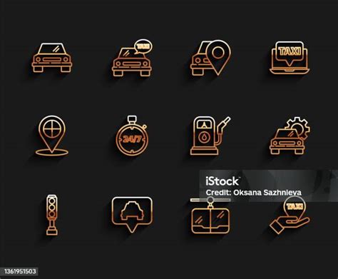 세트 라인 신호등 택시 자동차 케이블카 지도에 손 스톱 워치 24 시간 서비스 및 주유소 또는 주유소 아이콘지도 와지도 포인터를