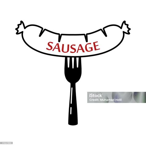 패스트 푸드 로고는 포크에 얇은 라인 소시지와 같습니다 플랫 선형 스타일 트렌드 현대 단순한 로고 타입 그래픽 획 디자인 절연 통하고 있는 백색 배경 쉽고 맛있는 길거리