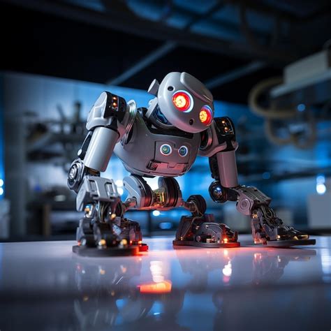 Premium Photo Futuristic Cyborg Of Small Size With Glowing Eyes On Laboratory Desk Table