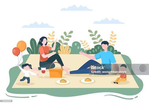 유쾌한 부모와 아이들의 가족 시간 함께 박에서 함께 시간을 보내고 다양한 편안한 활동을하고 만화 평면 일러스트레이션 포스터 또는 배경 가족에 대한 스톡 벡터 아트 및 기타