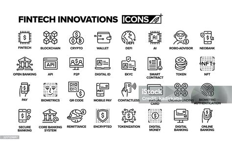 Fintech 혁신 라인 아이콘 세트 벽지 개체의 그룹입니다 핀테크 블록체인 암호화 Ai 디지털 뱅킹 클라우드 컴퓨팅 입찰 데이터 전자 뱅킹 Brand Name Mobile