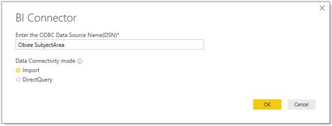 In The Bi Connector Dialog Box Select Import Radio Button Enter The Dsn Name That You