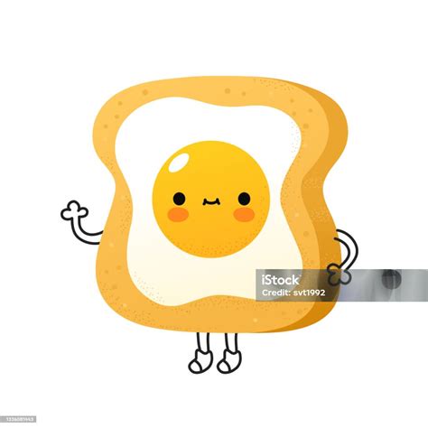 계란 캐릭터 튀김 귀여운 재미 토스트 벡터 플랫 만화 가와이 캐릭터 일러스트 아이콘 흰색 배경에 격리 토스트 빵 계란 튀김 아침