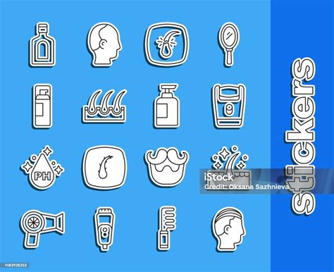 남성용 세트 라인 헤어스타일 오일 헤어 케어 트리트먼트 전기 면도날 부러진 모낭 인간 면도 젤 폼 샴푸 및 아이콘 병 벡터 건강 진단에 대한 스톡 벡터 아트 및 기타 이미지