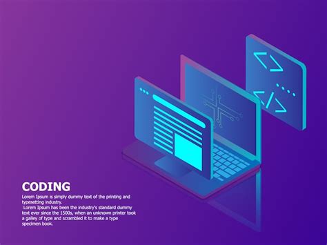 Иллюстрация концепции кодирования с ноутбуком вектор изометрической технологии фон Премиум векторы