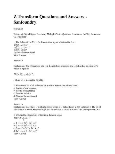 Questions And Answers On Z Transform And Its Application Analysis Of
