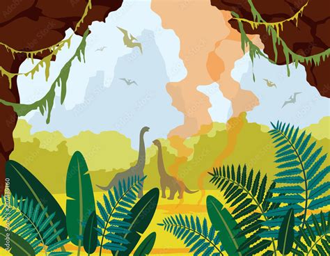 Prehistoric Nature Landscape With Cave Dinosaurs And Plants Stock