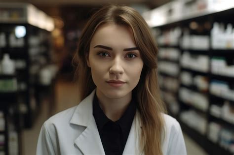 Premium Ai Image Portrait Of Confident Female Pharmacist In Drugstore Looking At Camera
