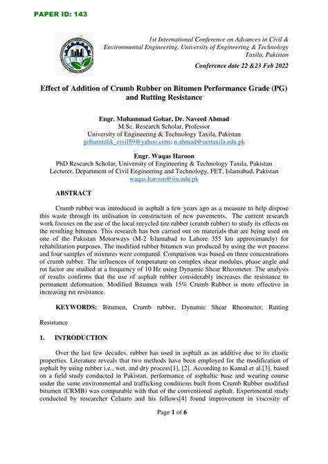 Pdf Effect Of Addition Of Crumb Rubber On Bitumen Performance Grade Pg And Rutting Resistance