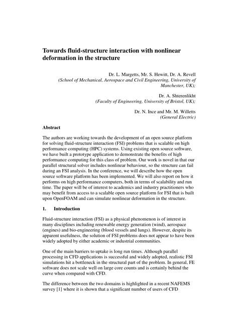 Pdf Towards Fluid Structure Interaction With Nonlinear Deformation In The Structure