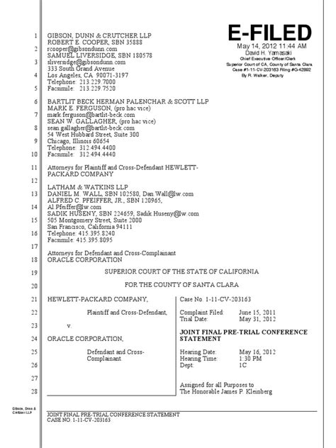 Joint Final Pre Trial Conference Statement Hewlett Packard Oracle