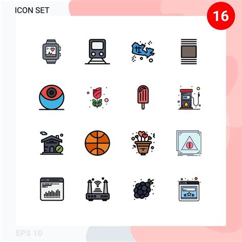 Mobile Interface Flat Color Filled Line Set Of 16 Pictograms Of Planet View Travel Thumbnails