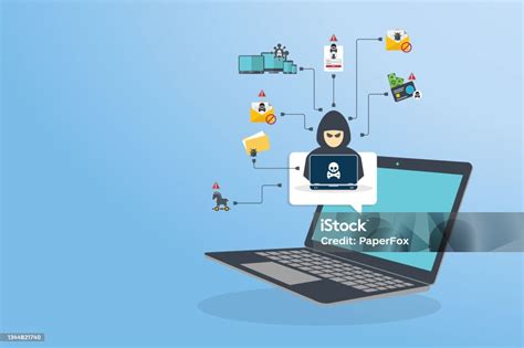 기밀 데이터 개인 정보 및 신용 카드 세부 사항을 훔치는 노트북 컴퓨터와 해커 해킹 개념 스톡 일러스트레이션 개성 개념에 대한 스톡 벡터 아트 및 기타 이미지 Istock