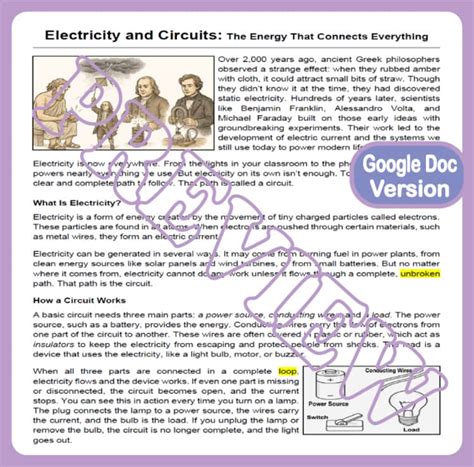 Science Reading Comprehension Passage And Questions Electricity And Circuits G Doc