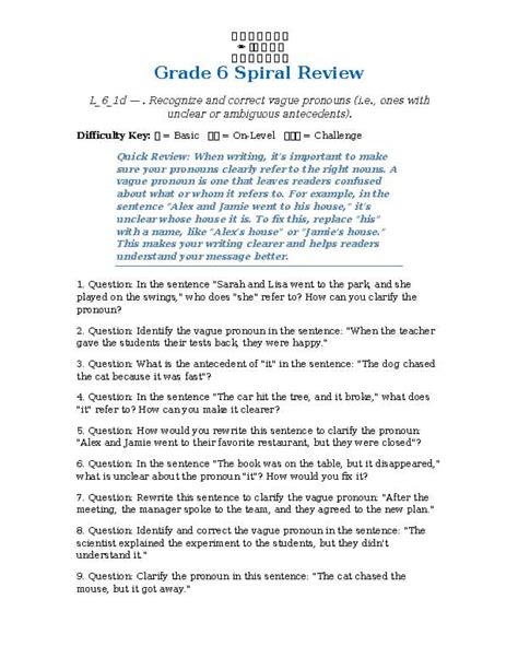 Grade 6 Ela Spiral Review Correcting Vague Pronouns By Professor C Academy