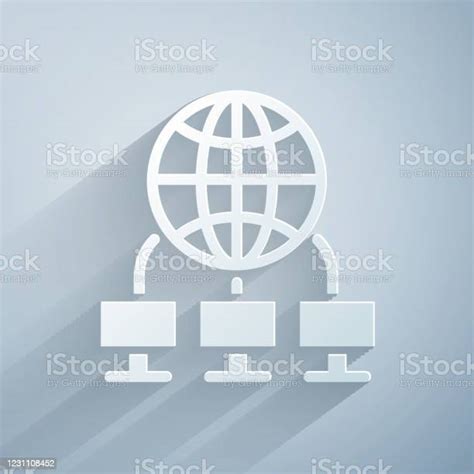 종이 잘라 컴퓨터 네트워크 아이콘 회색 배경에 격리 랩톱 네트워크 인터넷 연결 종이 아트 스타일입니다 벡터 일러스트레이션 0명에