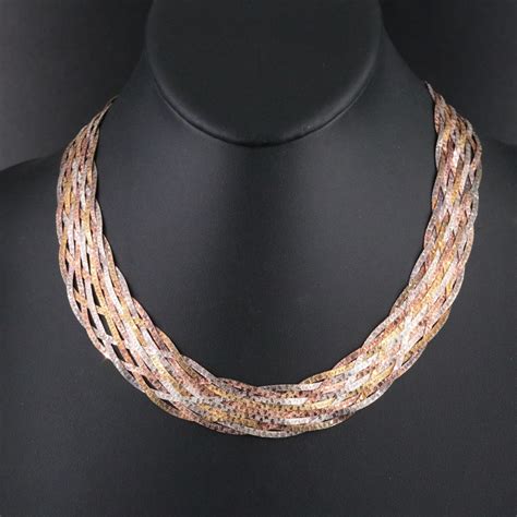 Sterling Tri Color Braided Herringbone Chain Necklace Ebth