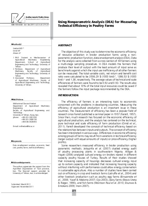 Pdf Using Nonparametric Analysis Dea For Measuring Technical Efficiency In Poultry Farms