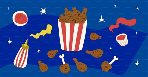 양동이 주위에 흩어져 있는 프라이드 치킨 벡터 Unsplash의 음식 이미지