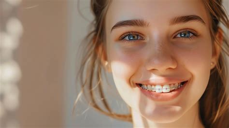 Smiling Woman With Braces And Freckles In Soft Sunlight Premium AI Generated Image