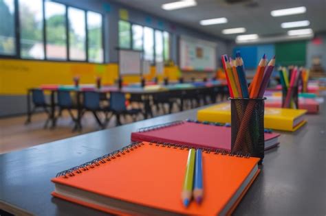 A Closeup Shot Of Colorful Pencils And Stacked Notebooks In A Classroom Environment A Classroom