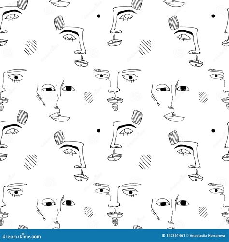 Seamless Pattern With Faces Abstract Outline Silhouette Of Human Face Modern Avant Garde