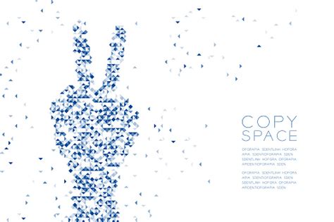 추상적인 기하학적 다각형 사각형 상자와 삼각형 패턴 승리 손 모양 화 개념 디자인 파란색 그림 복사 공간 흰색 배경에 고립 된