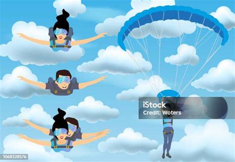 스카이 다이 버 낙하산 병 문자 집합입니다 스카이 남자 고 여자 푸른 흐린 하늘을 날고 탠덤 스카이 다이빙 개체 그룹에 대한 스톡 벡터 아트 및 기타 이미지 Istock