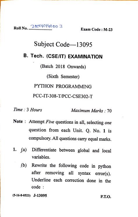 6th Sem All Sub Pyq Roll No Subject Code B Tech Cseit Examination Exam Code M