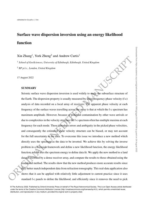 Pdf Surface Wave Dispersion Inversion Using An Energy Likelihood Function