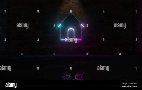 3d Rendering Of Blue Violet Neon Symbol Of Home With Door On Dark Brick Wall Background With Wet