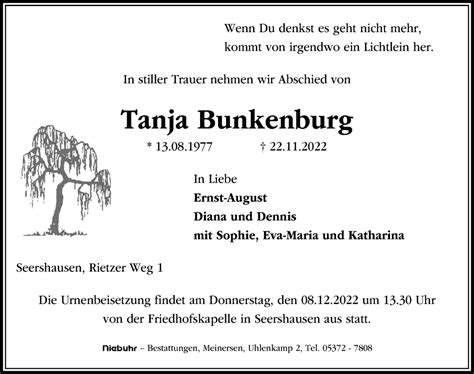 Traueranzeigen Von Tanja Bunkenburg Trauer Anzeigende